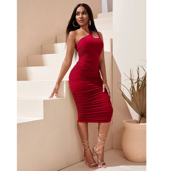 Rouge! | Dresses | Red Sexy Ruched Bodycon Dress Cut Out One Shoulder ...